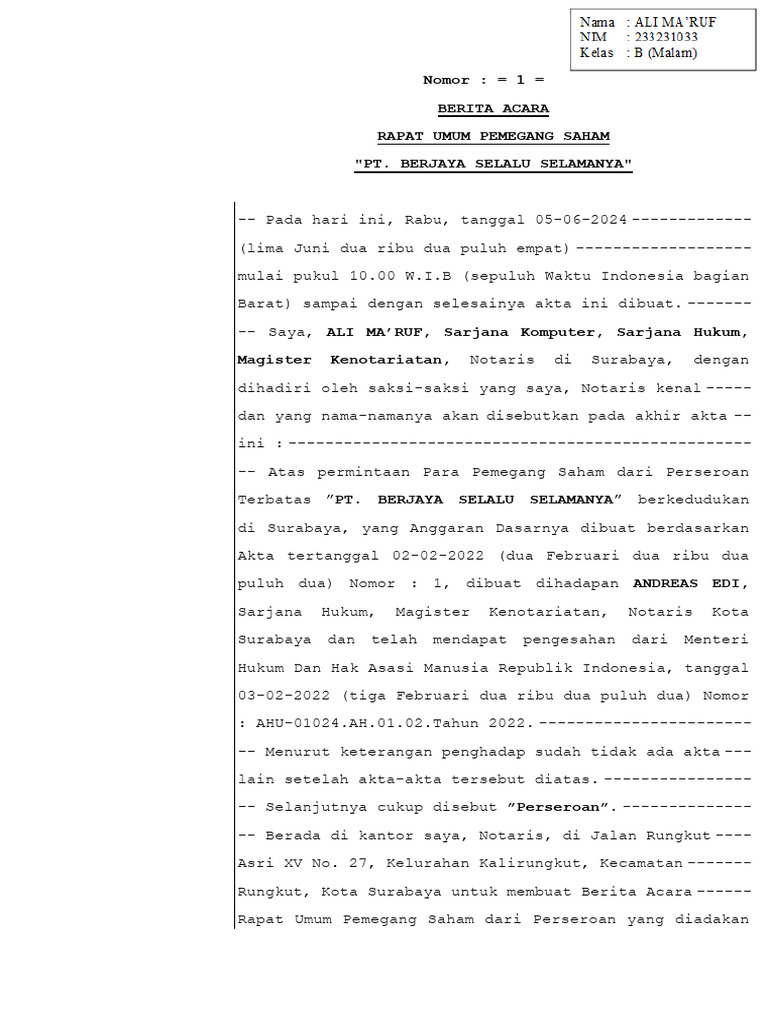 RUPS PT. Berjaya Selalu Selamanya | PDF