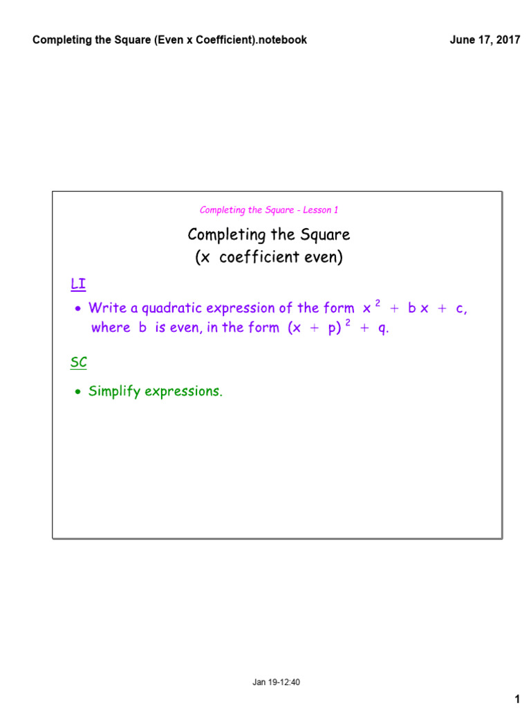 Completing the Square (Even x Coefficient) | PDF
