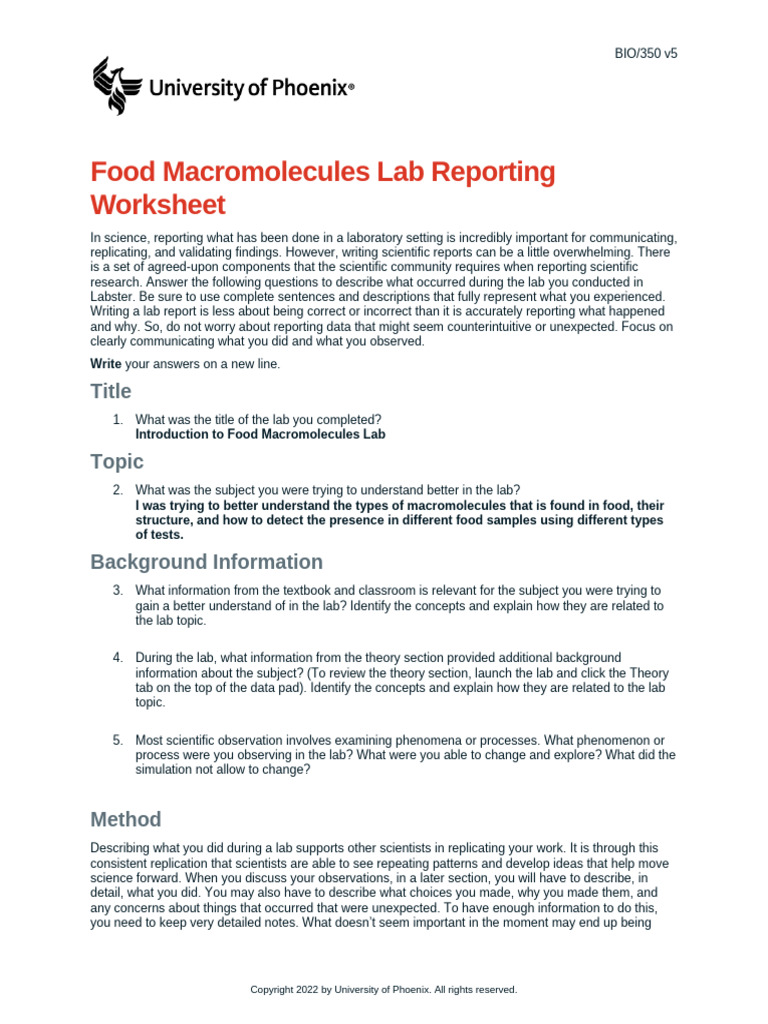 Bio350 v5 Wk2 Food Macromolecules Lab Report Observational | PDF ...