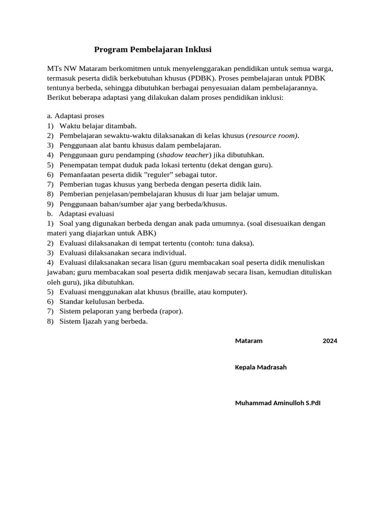 Program Pembelajaran Inklusi 2024 | PDF