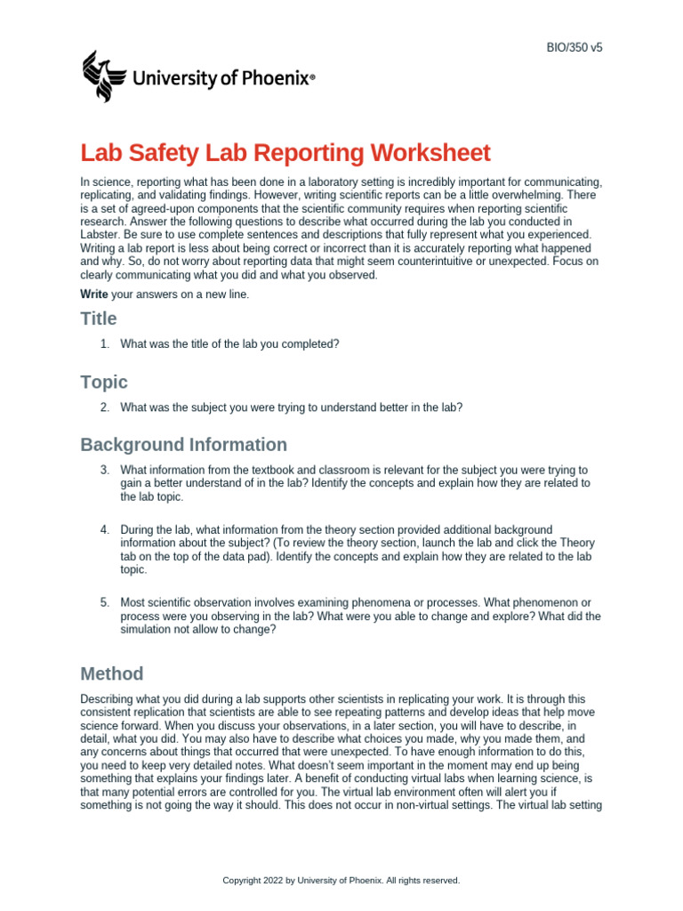 Bio350 v5 wk1 Lab Safety Lab Report Observational | PDF | Information ...