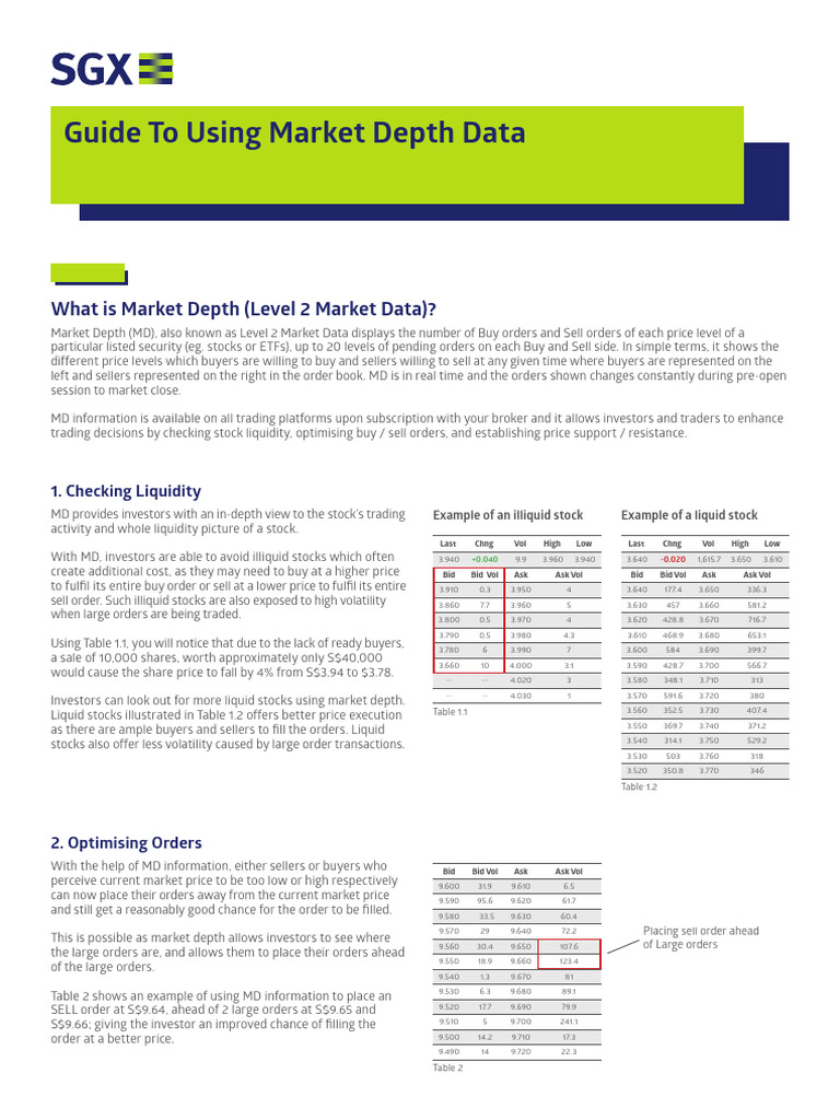 SGX Guide To Using Market Depth Data-D2-1 | PDF | Market Liquidity | Stocks