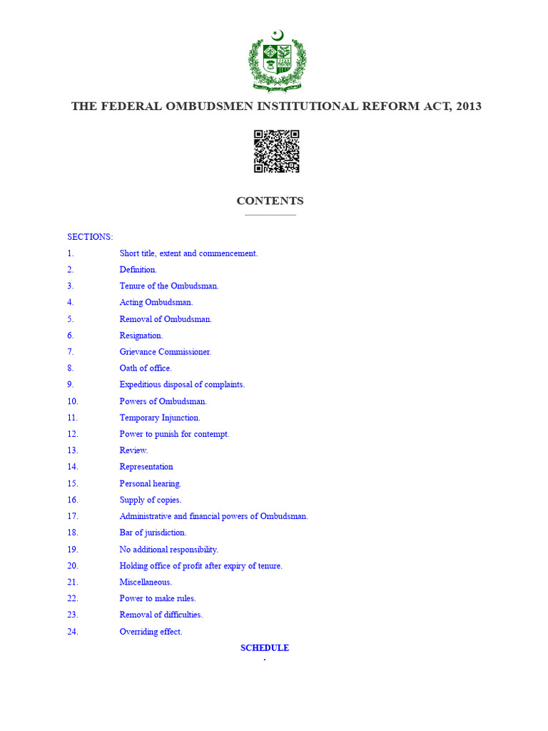 The Federal Ombudsmen Institutional Reform Act, 2013 | PDF | Expense ...