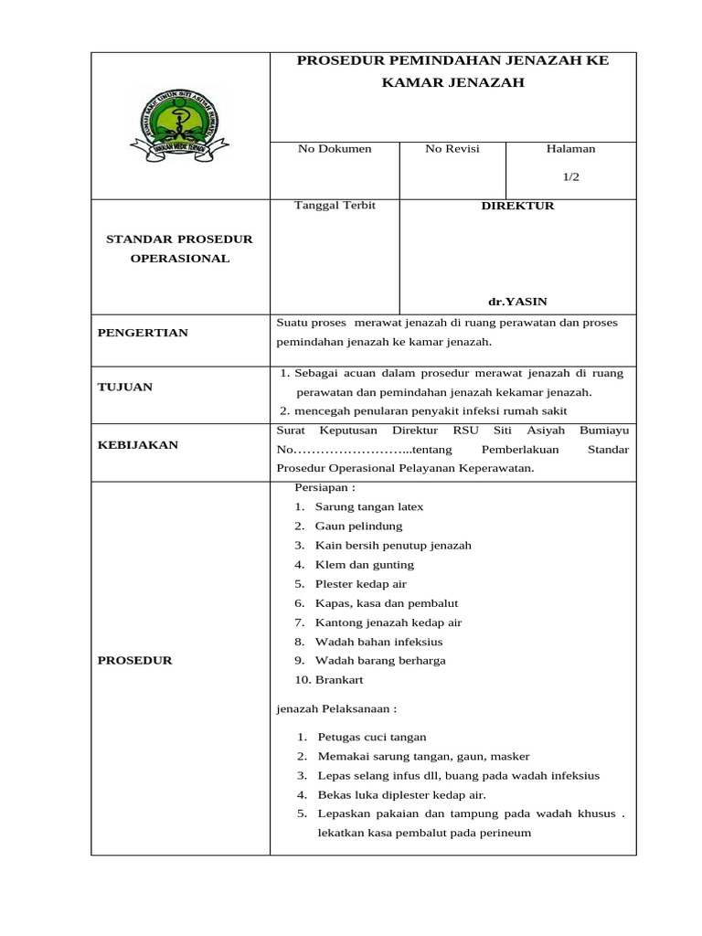 SOP Pemindahan Jenazah Ke Kamar Jenazah | PDF