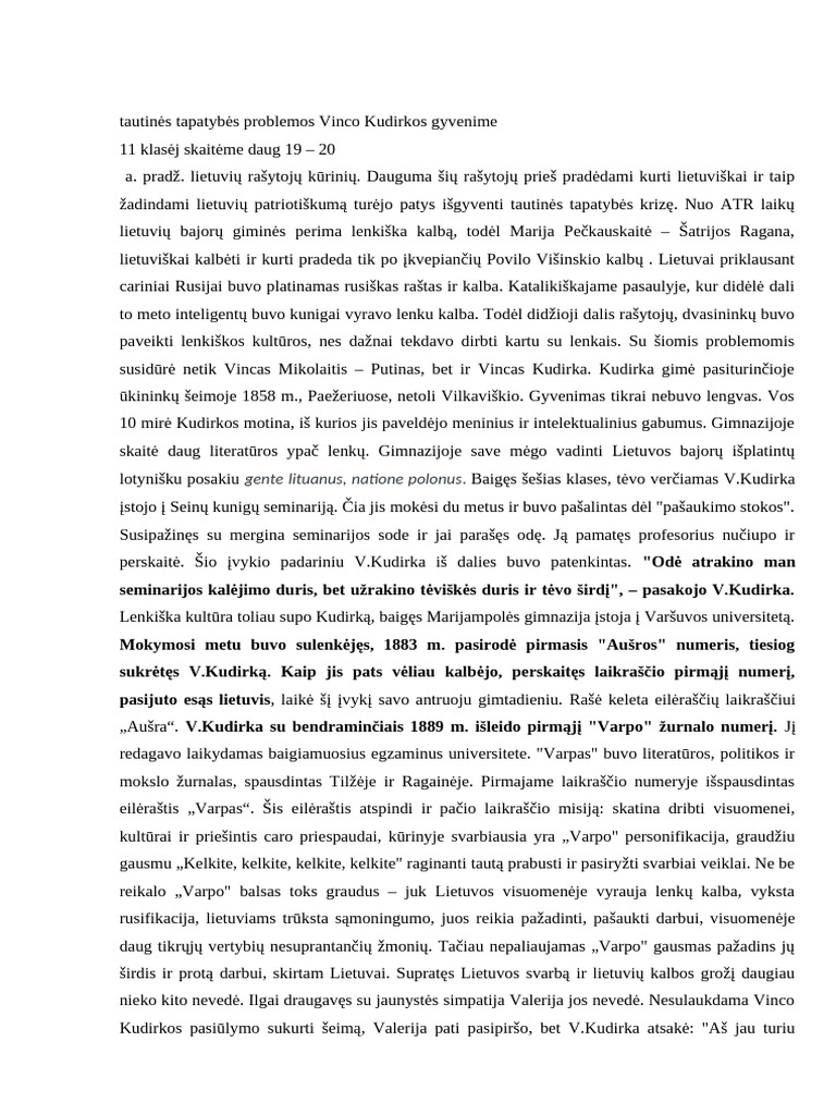 Tautinės Tapatybės Problemos Vinco Kudirgos Gyvenime | PDF