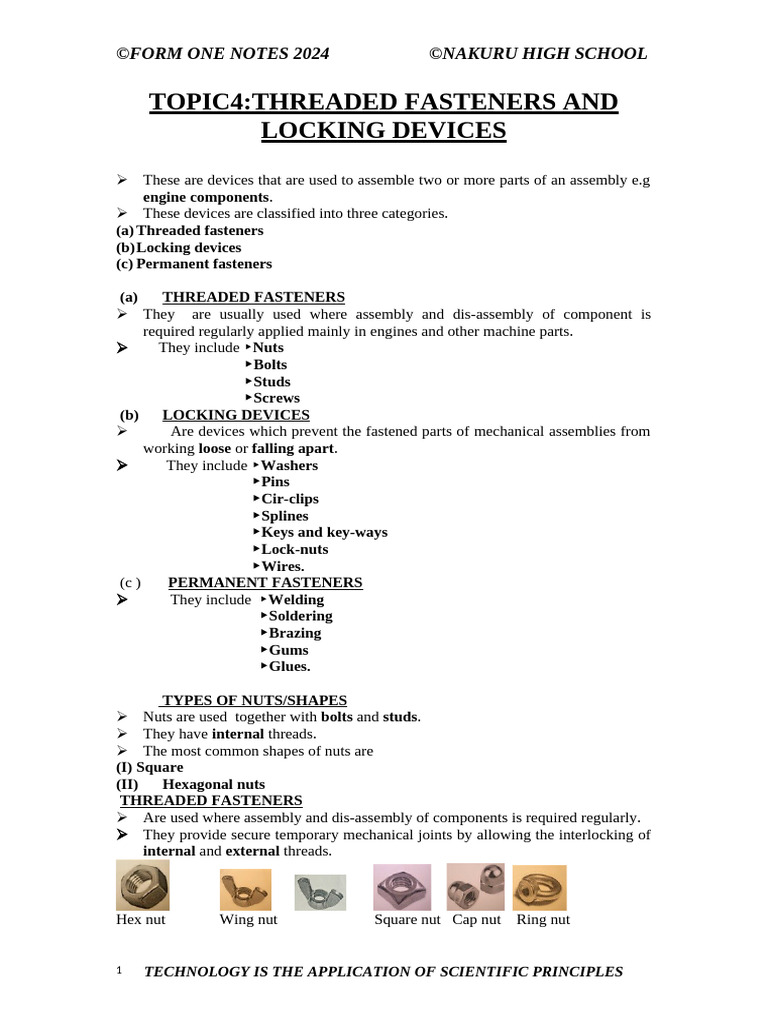 Topic 4 Threaded Fasteners and Locking Devices | PDF | Screw | Nut (Hardware)