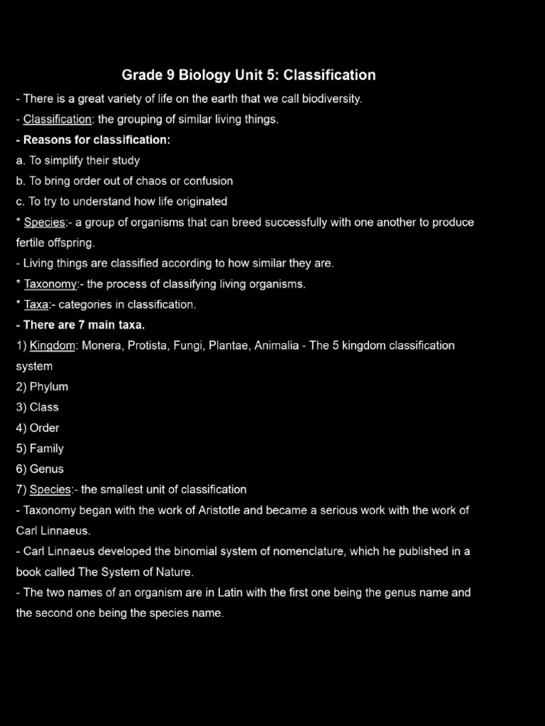 Grade 9 Biology Unit 5 Classification | PDF
