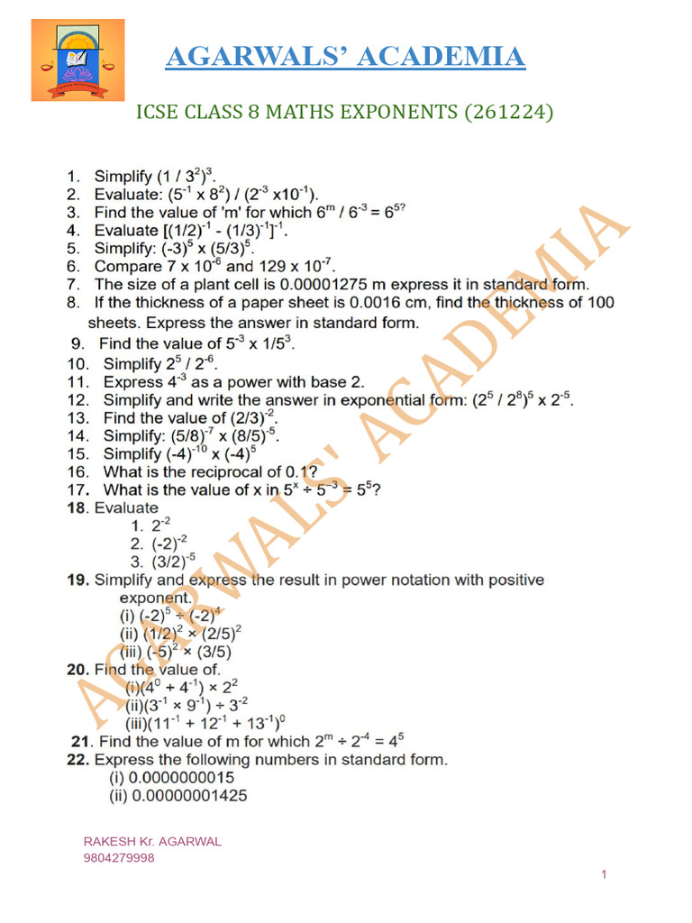Icse Class 8 Maths Exponents Worksheet | PDF