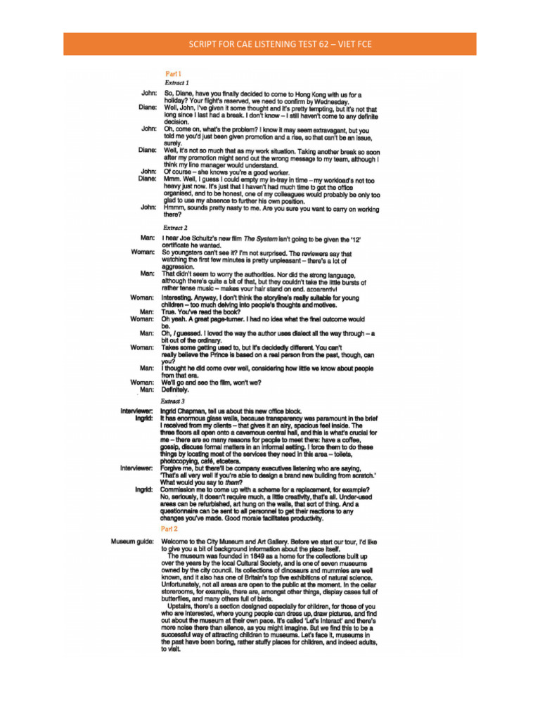 Script For CAE Listening Test 62 | PDF