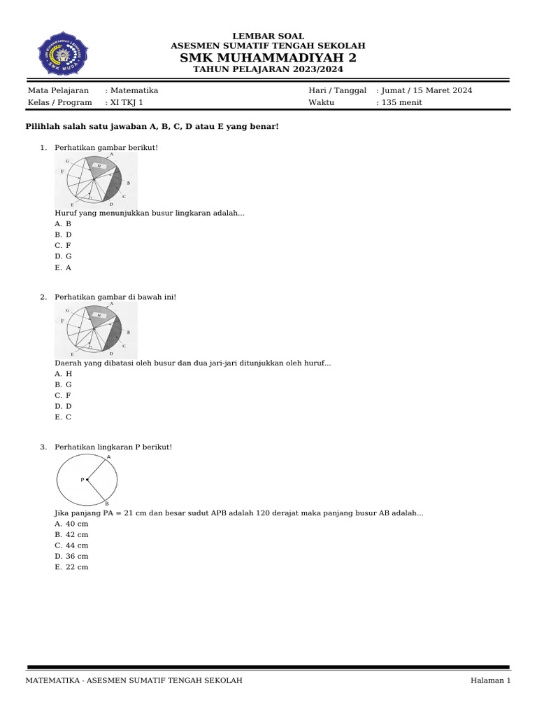 Soal - Asts Mapel Matematika Kelas Xi Semester Genap Ta 23 - 24 | PDF