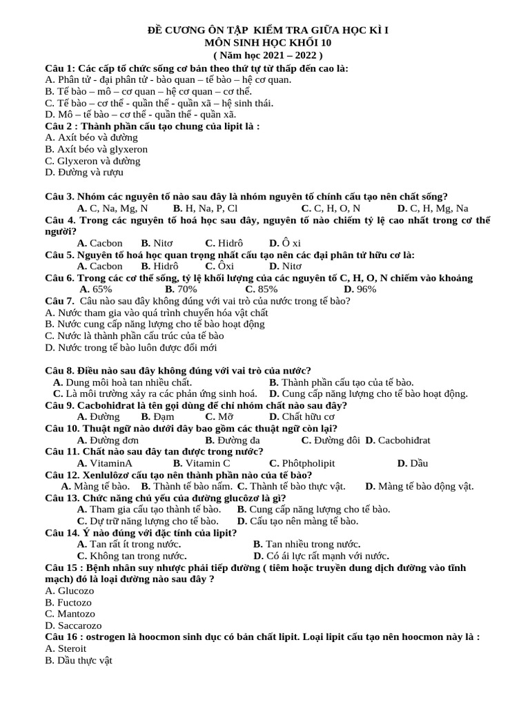 ĐỀ CƯƠNG ÔN TẬP GK1 SH10 | PDF