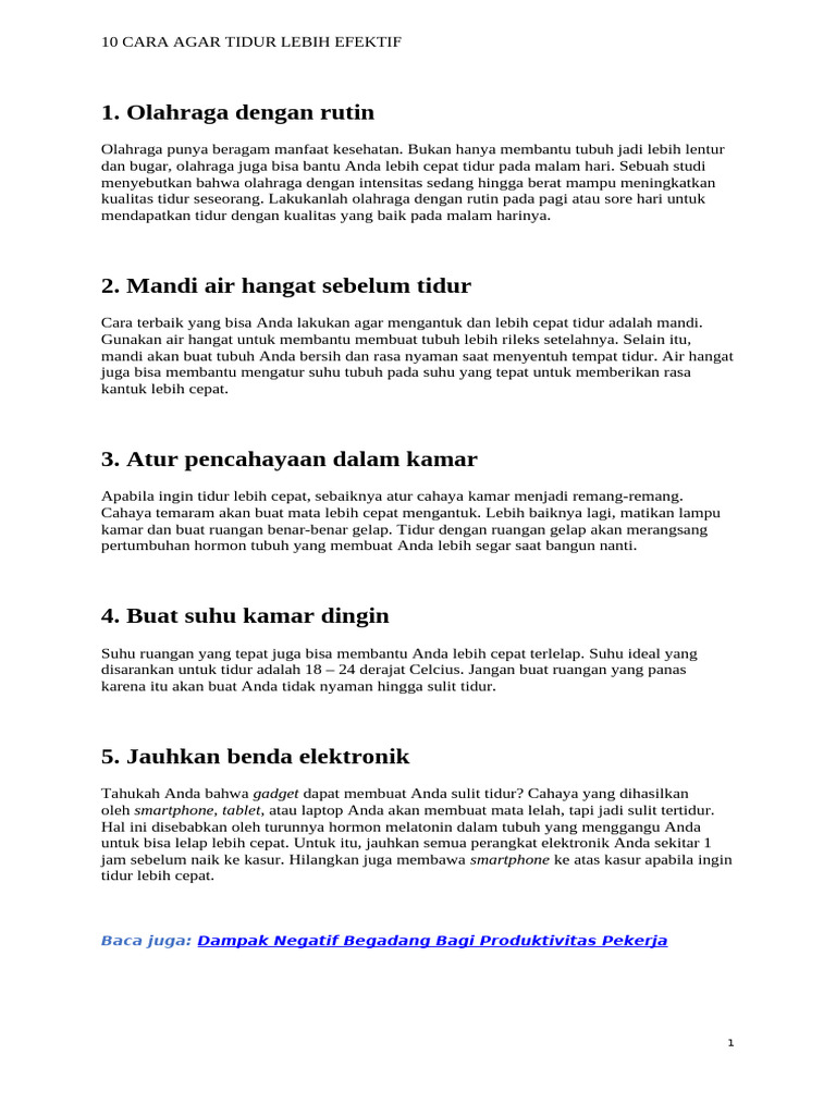 10 CARA AGAR TIDUR LEBIH EFEKTIF | PDF