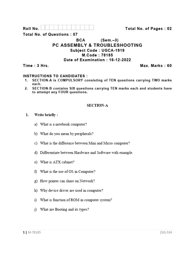 Bca 3 Sem PC Assembly and Troubleshooting 78185 Dec 2022 | PDF