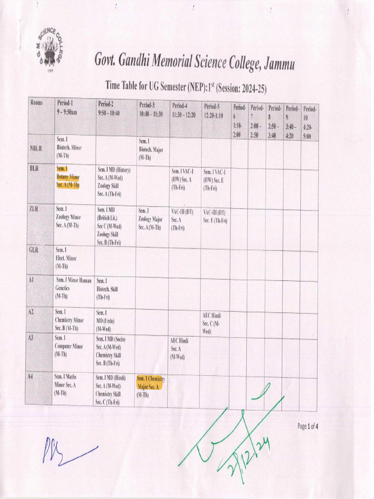 Revised Time Table Semester-I | PDF