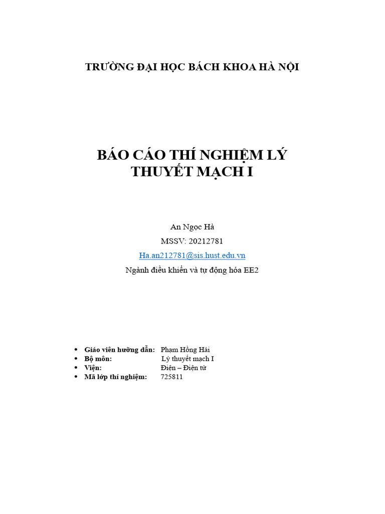 Bao Cao Thi Nghiem 1 Ly Thuyet Mach 1 Dai Hoc Bach Khoa Ha Noi 80587 | PDF