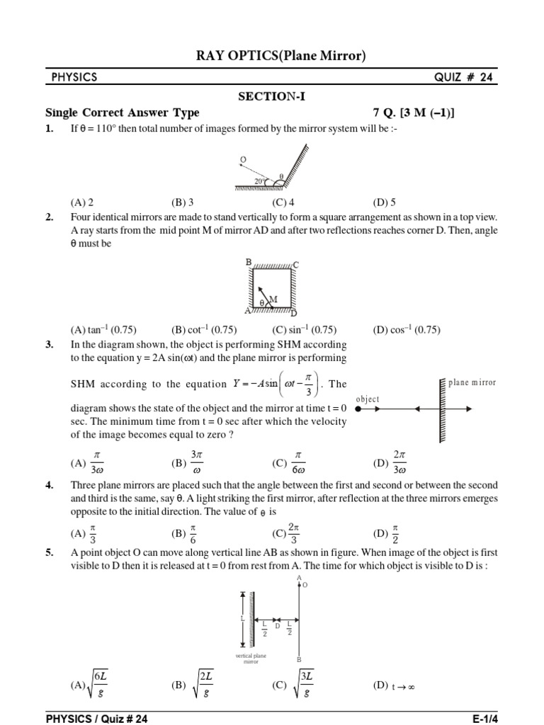 N - TEPS Quiz # 24 PDF (Ray Optics (Plane Mirror) | PDF | Mirror | Velocity