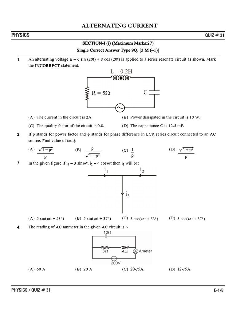 Answers Quiz # 31 - (Alternating - Current) | PDF | Capacitor | Voltage