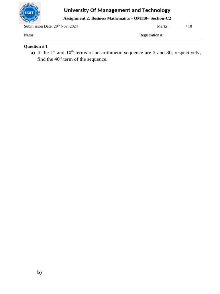 Business Mathematics Assignment QM110 | PDF