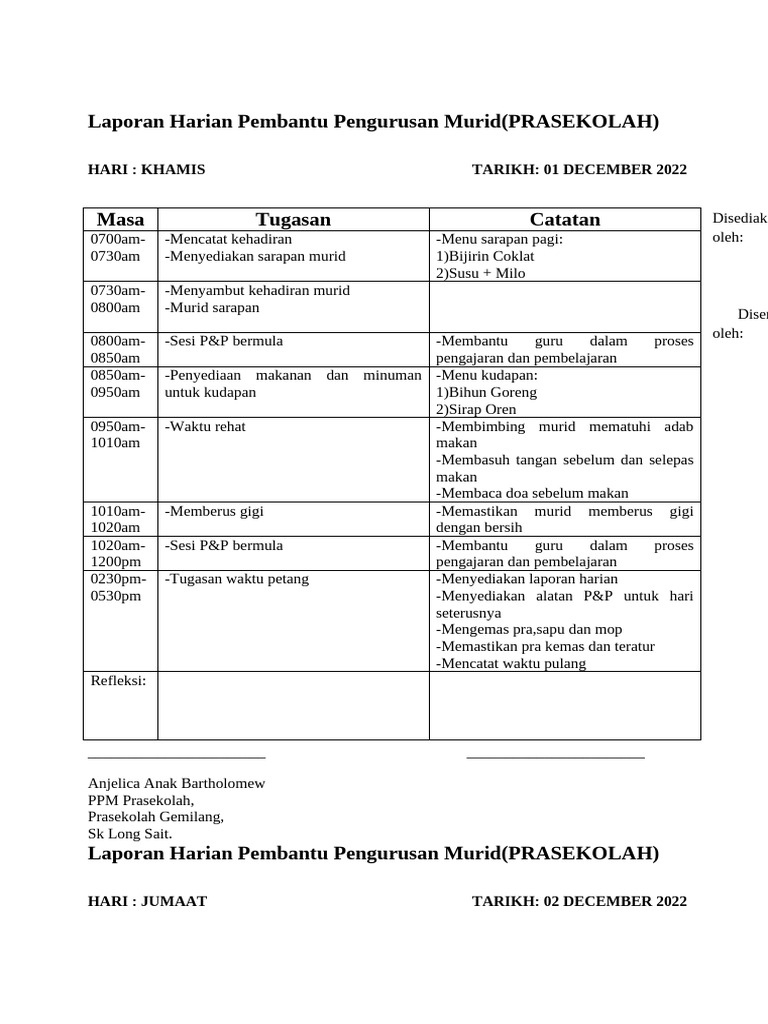 Laporan Harian Pembantu Pengurusan Murid 2022 | PDF