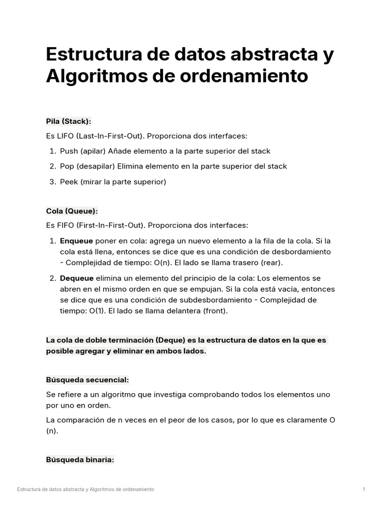 Estructura De Datos Abstracta Y Algoritmos De Ordenamiento Pdf Programación Dinámica Cola
