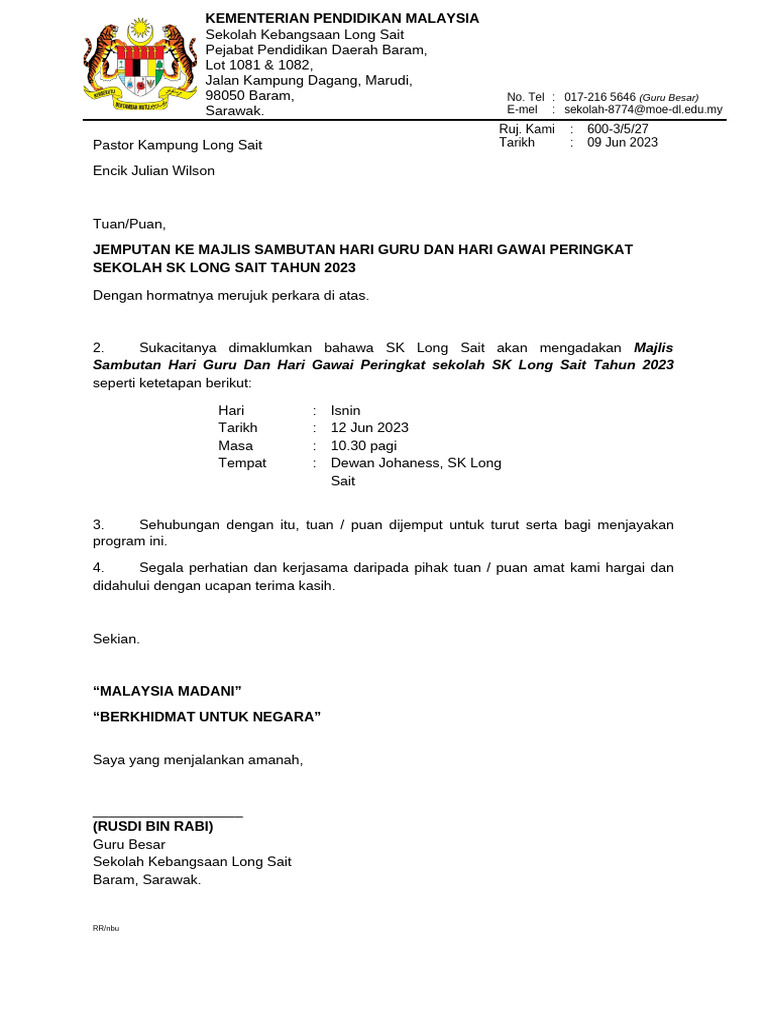 Surat Jemputan Mesyuarat PIBG Bil 1 | PDF