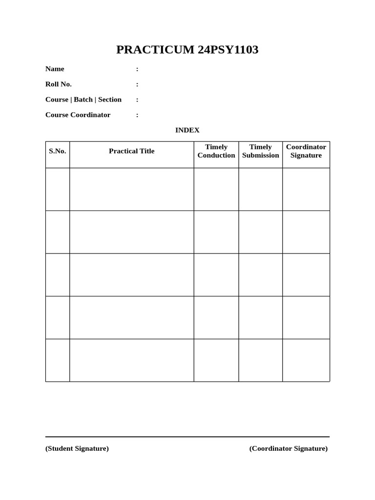Practicum 24PSY1103 Index Sheet | PDF