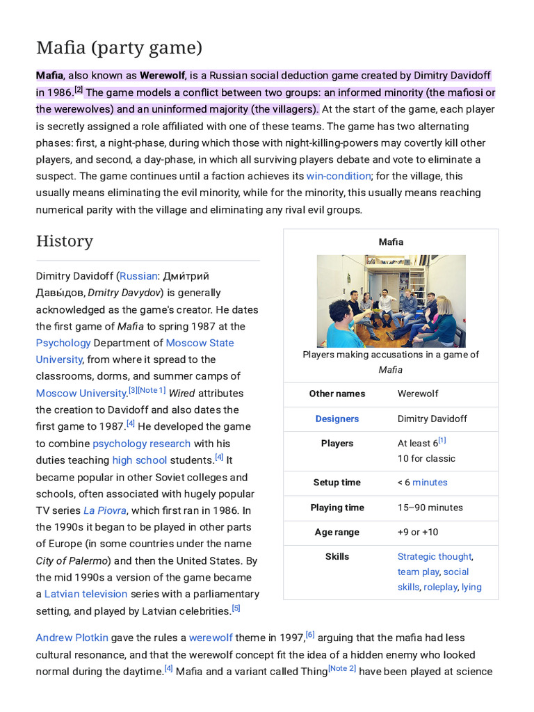Mafia (Party Game) - Wikipedia | PDF | Role Playing | Sports