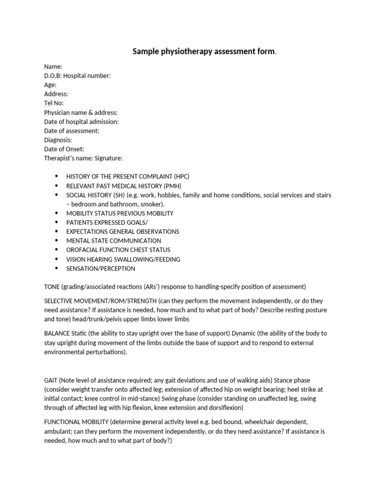 Physiotherapy Assessment Form Template | PDF | Anatomical Terms Of ...