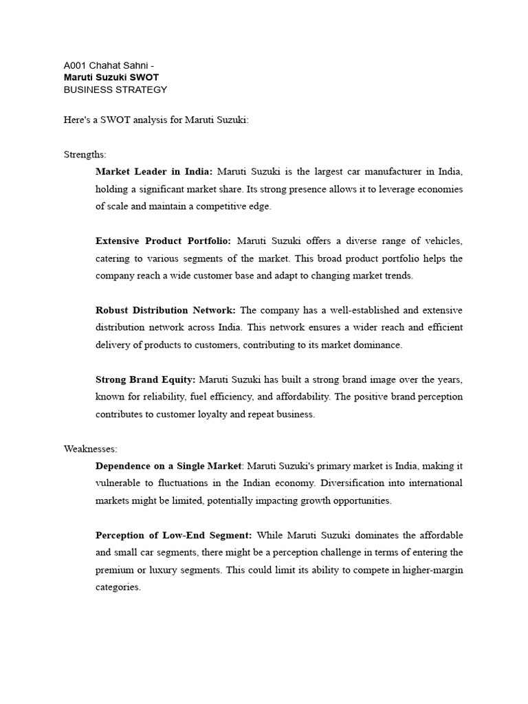 Maruti Suzuki SWOT Analysis 2024 | PDF | Car | Electric Vehicle
