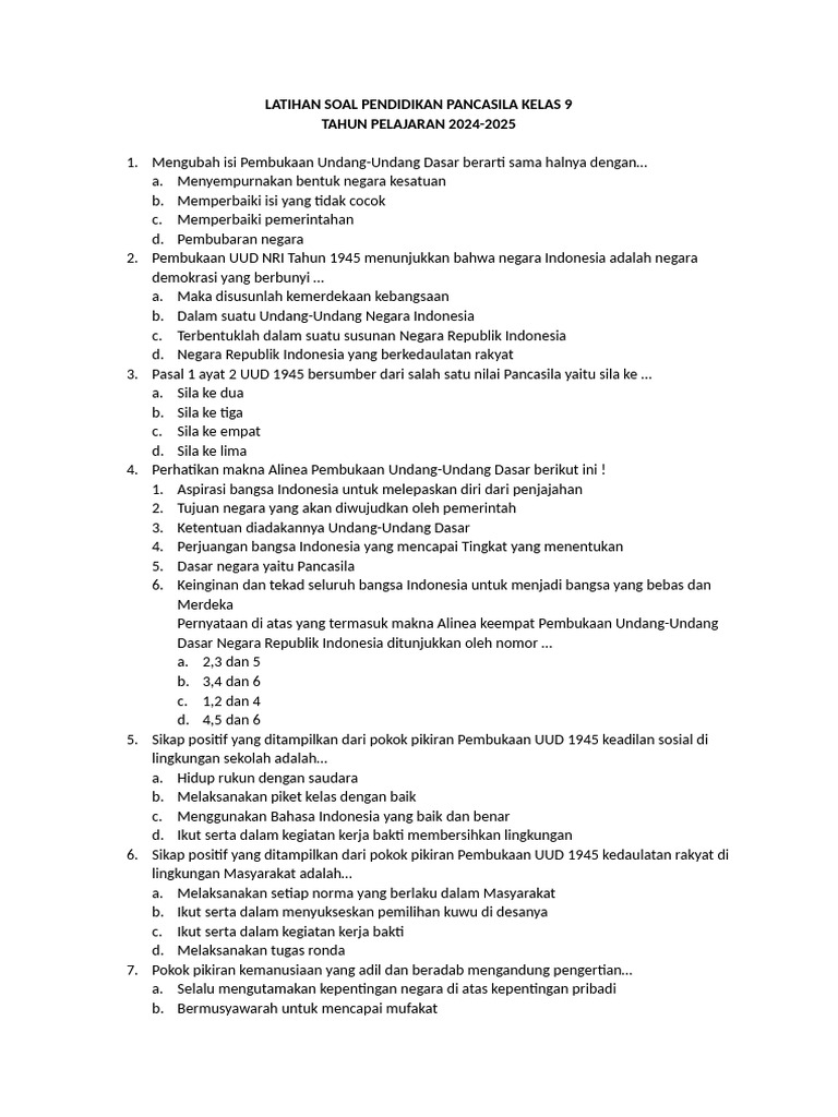 Latihan Soal Pendidikan Pancasila KLS 9 | PDF