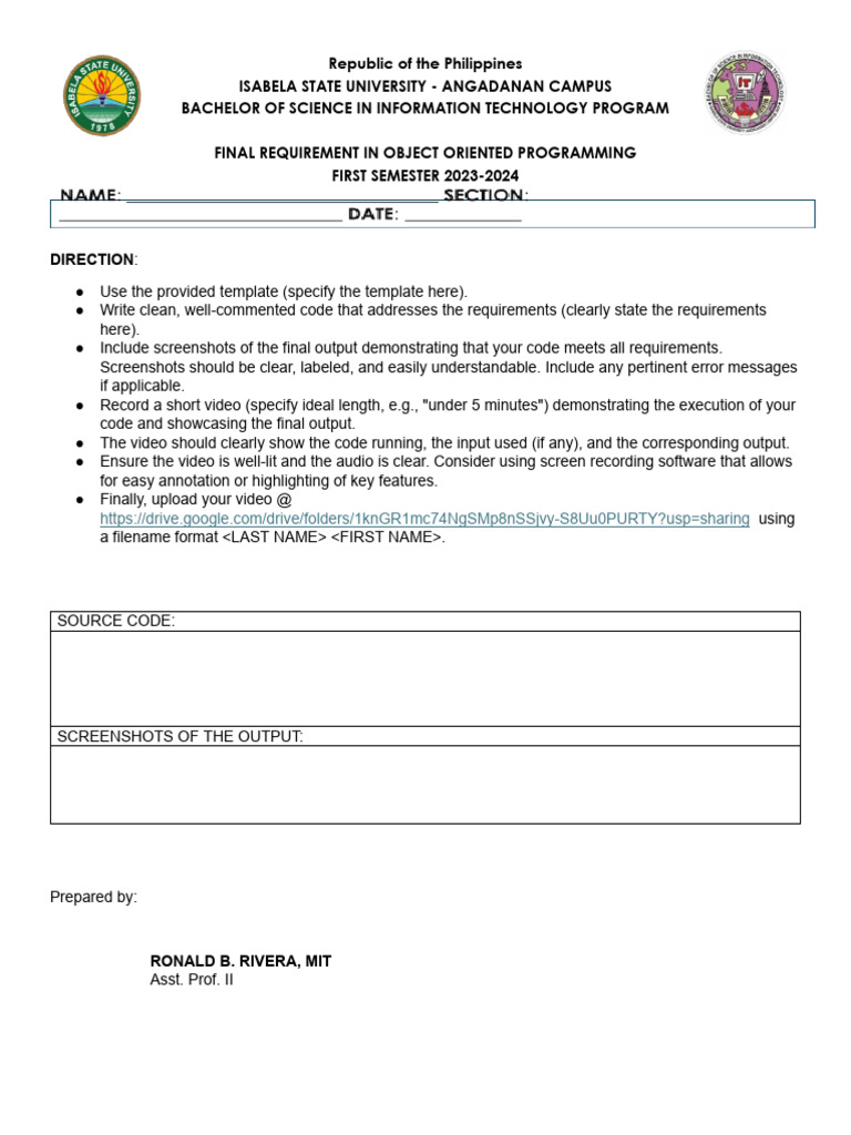 OOP Final Project Guidelines - Isabela State University | PDF