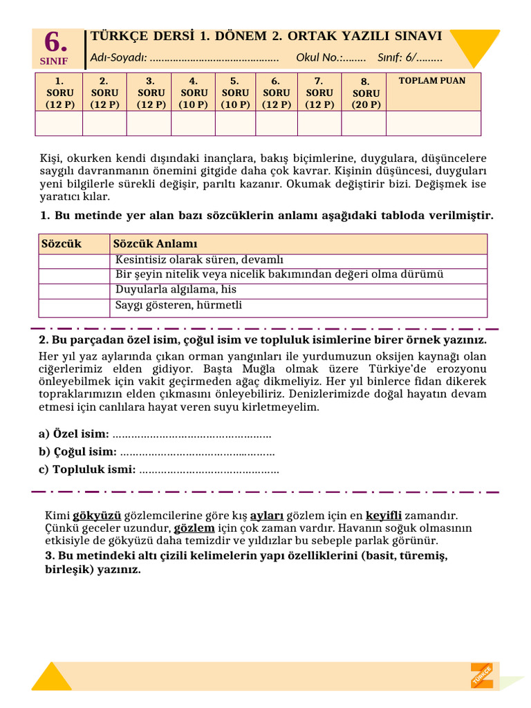 6.SINIF-1.-DONEM-2.YAZILI-Z-TURKCE-YILDIRIM-SENARYO-4 | PDF