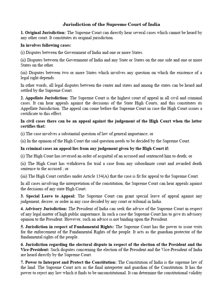 Supreme Court of India's Jurisdiction Overview | PDF | Appeal | Supreme ...