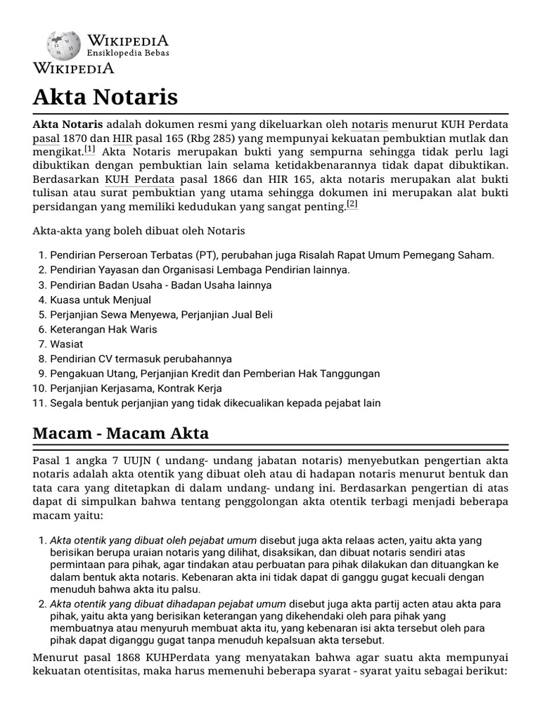 Akta Notaris - Wikipedia Bahasa Indonesia, Ensiklopedia Bebas | PDF