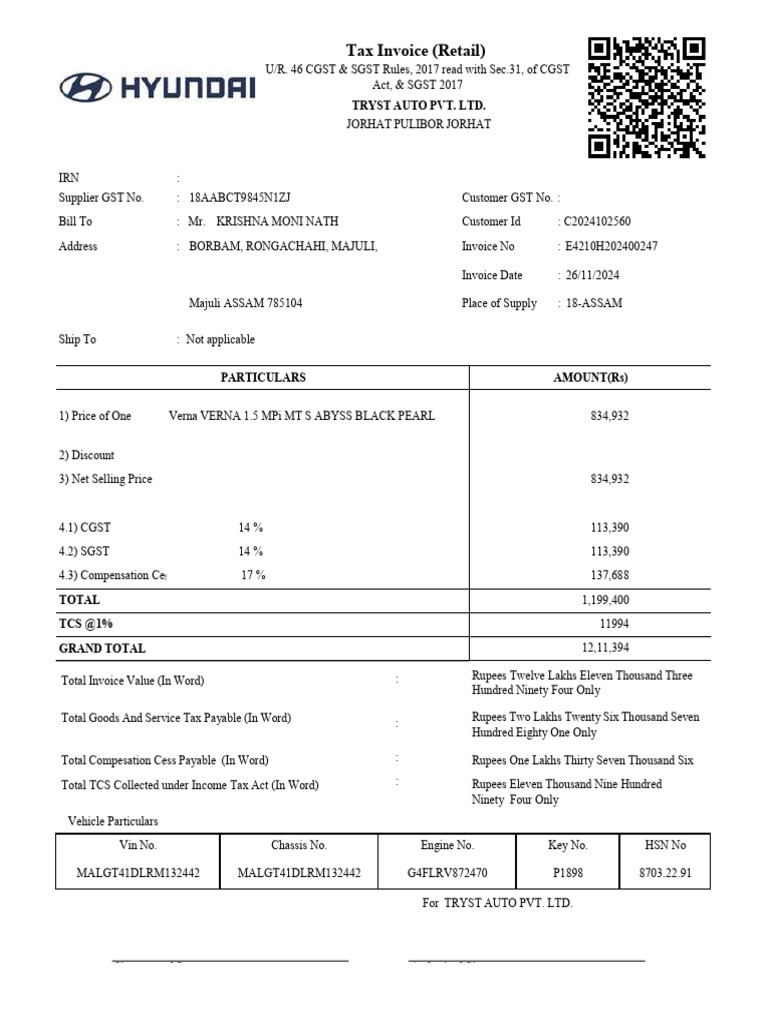 Tax Invoice for Verna Purchase in Assam | PDF | Governance | Government