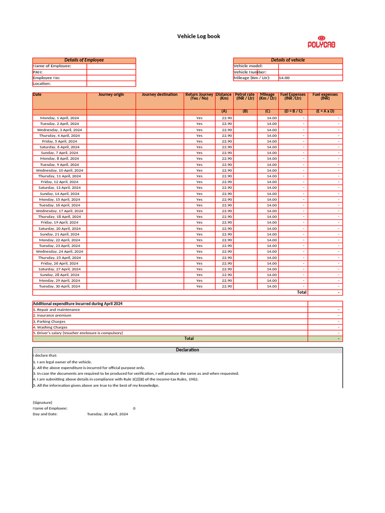 Employee Vehicle Log Book Template | PDF | Fuel Economy In Automobiles ...