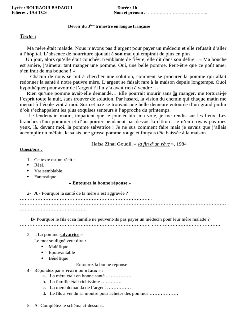 Devoir de français 1AS : La pomme salvatrice | PDF | Pomme