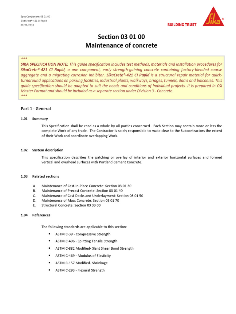 CSI Specs - SikaCrete®-421 CI Rapid | PDF | Concrete | Cement