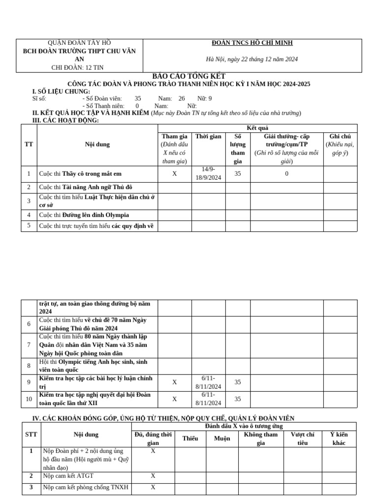 (12 Tin) Báo Cáo Công Tác Đoàn HK1 (2024 - 2025) | PDF