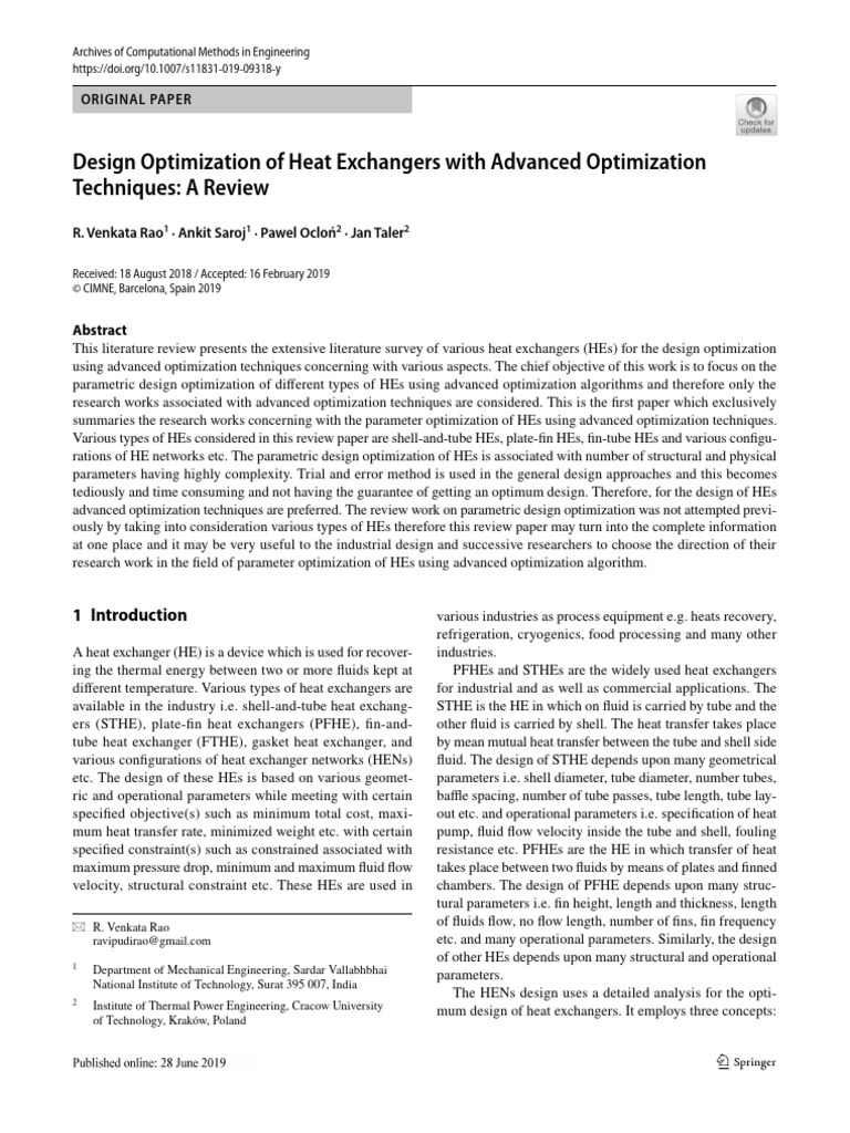 10.1007@s11831-019-09318-y | PDF | Mathematical Optimization | Heat Exchanger