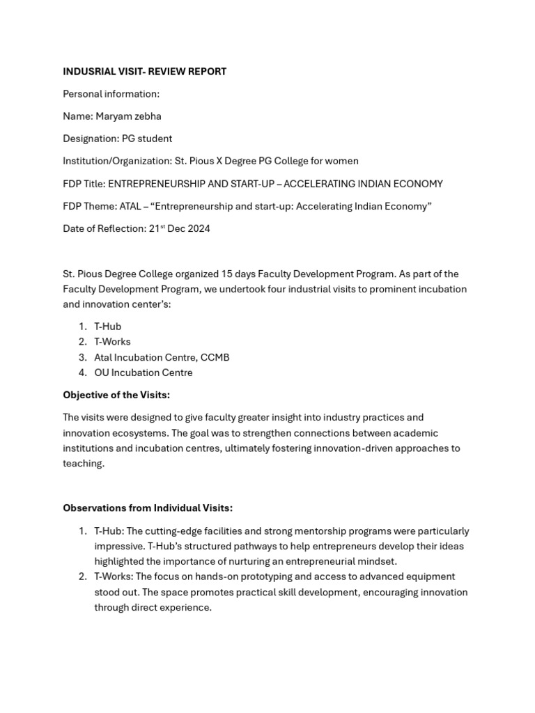 maryam industrial visit reports | PDF