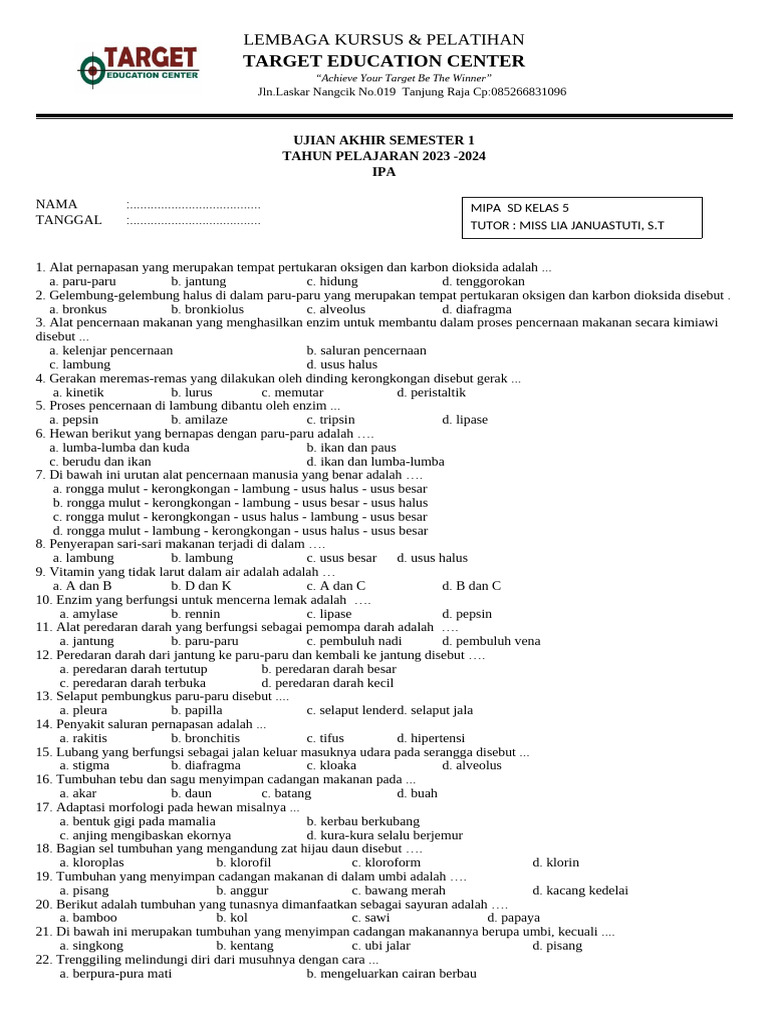 Ujian Semester Ipa Kelas 5 (Pilgan Essay) | PDF