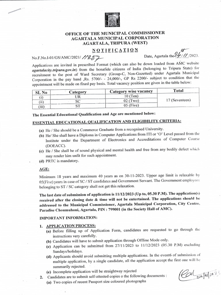 Notification For Recruitment of Ward Secretary | PDF | Recruitment ...