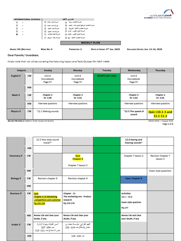 WEEKLY PLAN W9 T2 GR9O (British) | PDF