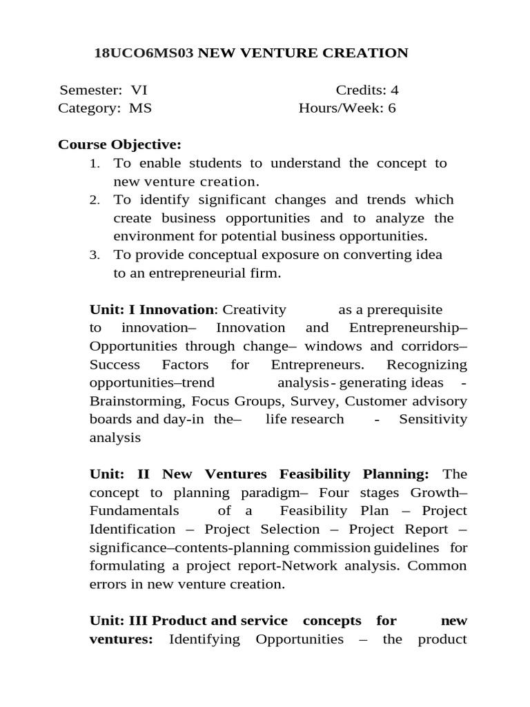 18UCO6MS03-New Venture Creation | PDF | Entrepreneurship | Startup Company