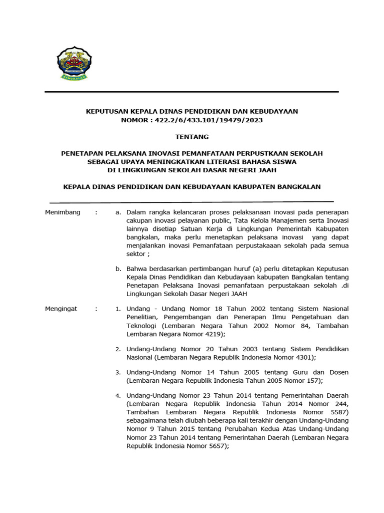 SK Pd. Pelaksana Inovasi - Indikator | PDF