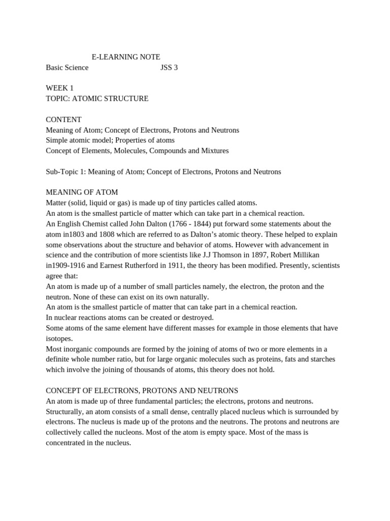 Week One Lesson Note Basic Science J3 | PDF | Atoms | Atomic Nucleus