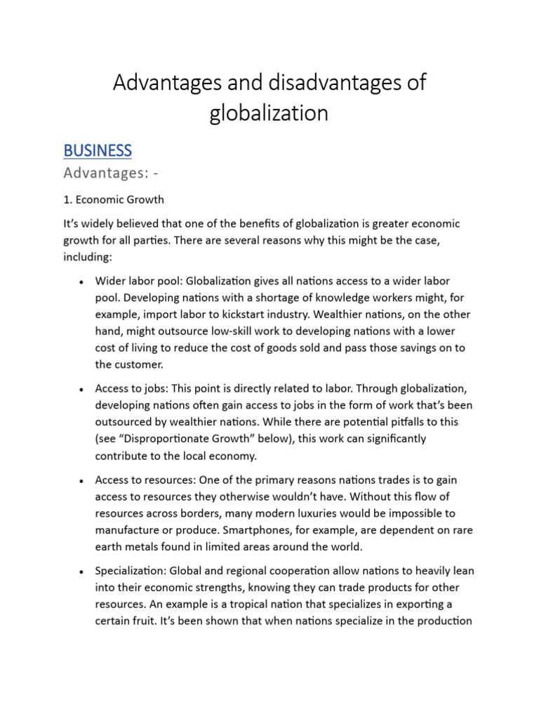 Advantages and Disadvantages of Globalization | PDF | Cost Of Living | Globalization