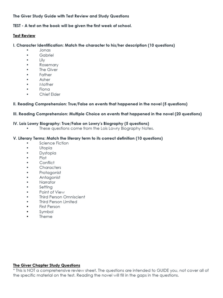 7th English (The Giver) Study Guide | PDF | The Giver | Narration