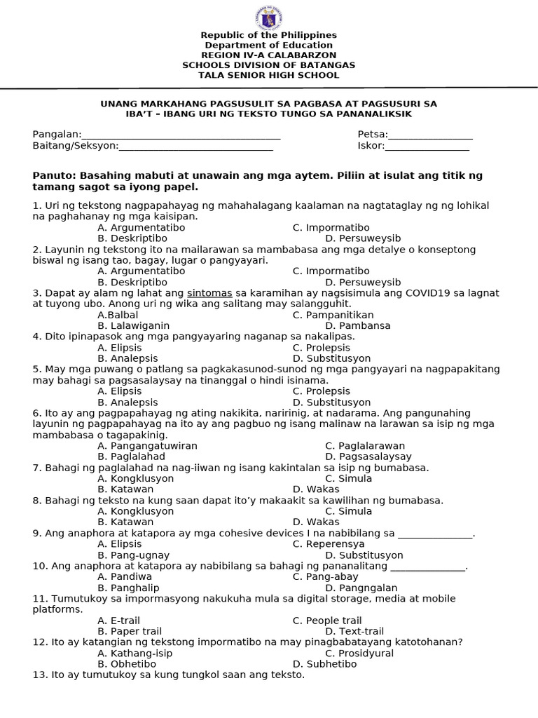 2ndsem Exam Pagbasa Q1 | PDF